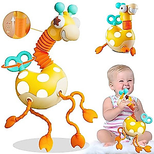 VATOS Baby Sensory Toys Montessori Food Grade Silicone Pull String Activity Toy,Giraffe Toy with Twisting Clockwork & Neck Pop Tube for Fine Motor Skills,Travel Toys for Babies,Infants Toddlers 18M+