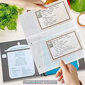 Recipe Card Protector Pages, 15 4" x 6" Clear Plastic Protectors Pages w/ 3 Punched Holes for Recipe Binder, Recipe Sleeves for 3-Ring Binders by Meadowsweet Kitchens