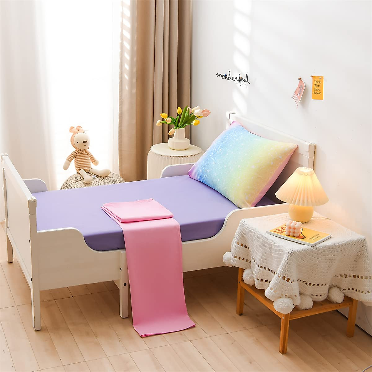 Holawakaka 4PCS Ombre Toddler Bedding Set, Colorful Gradient Stars Comforter Sheet Sets for Baby Girl Toddler Girls (Multi-Color)