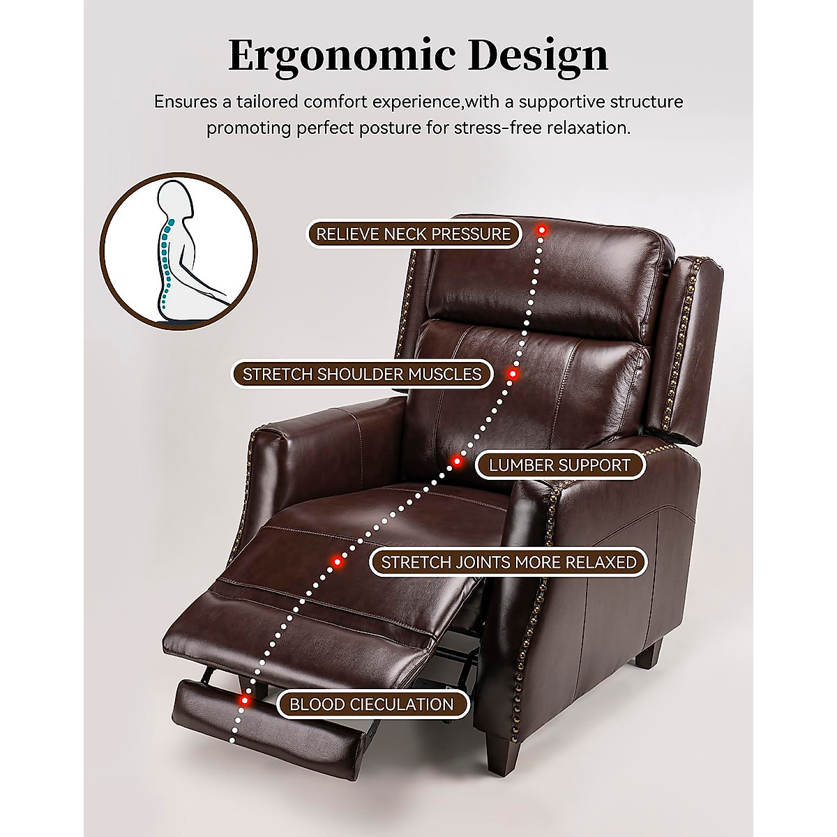 Genuine Leather Recliner Chair, Power Recliner Built-in High Elastic Sponge, Power Recliner Chair for Living Room, Home Theater, Bedroom, Office - Dark Brown