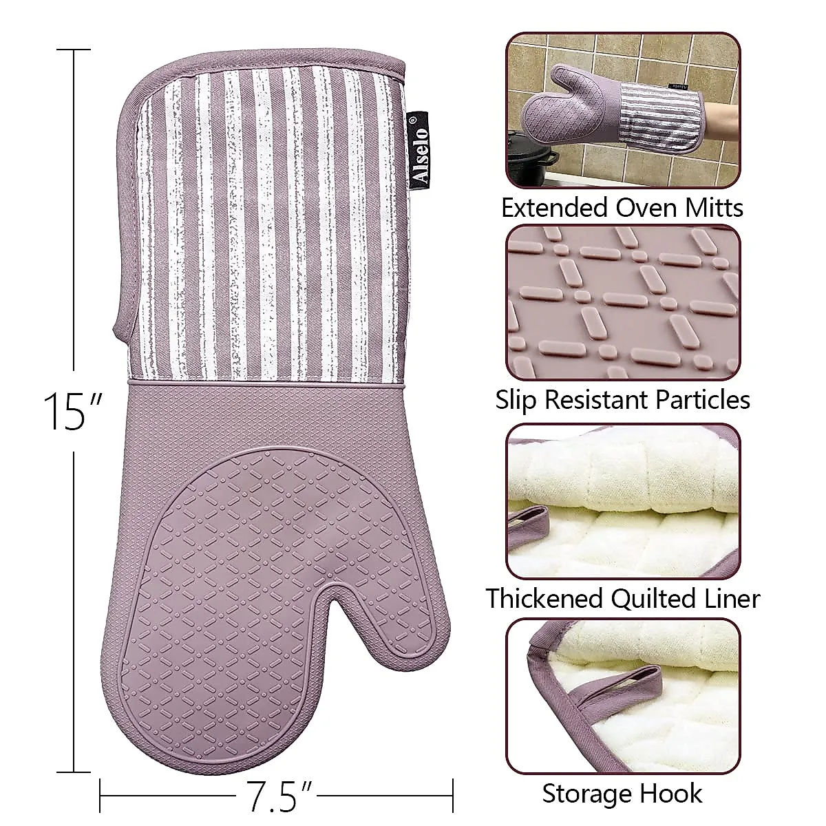 Alselo Silicone Oven Mitts Heat Resistant 932℉ with Waterproof & Non-Slip Kitchen Mittens, Set of 2 Extra Long Oven Gloves with Soft Cotton Terry Lining for Baking Cooking Barbecue(2, Purple Mitts)