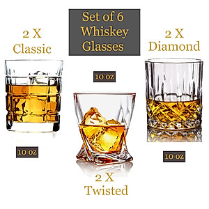 Bezrat Whiskey Glasses Set of 6 - Multi Style shot glasses - 10 oz scotch glasses - Rocks glasses Barware For Scotch, Bourbon, Liquor and Cocktail Drinks, Bourbon gifts for Men