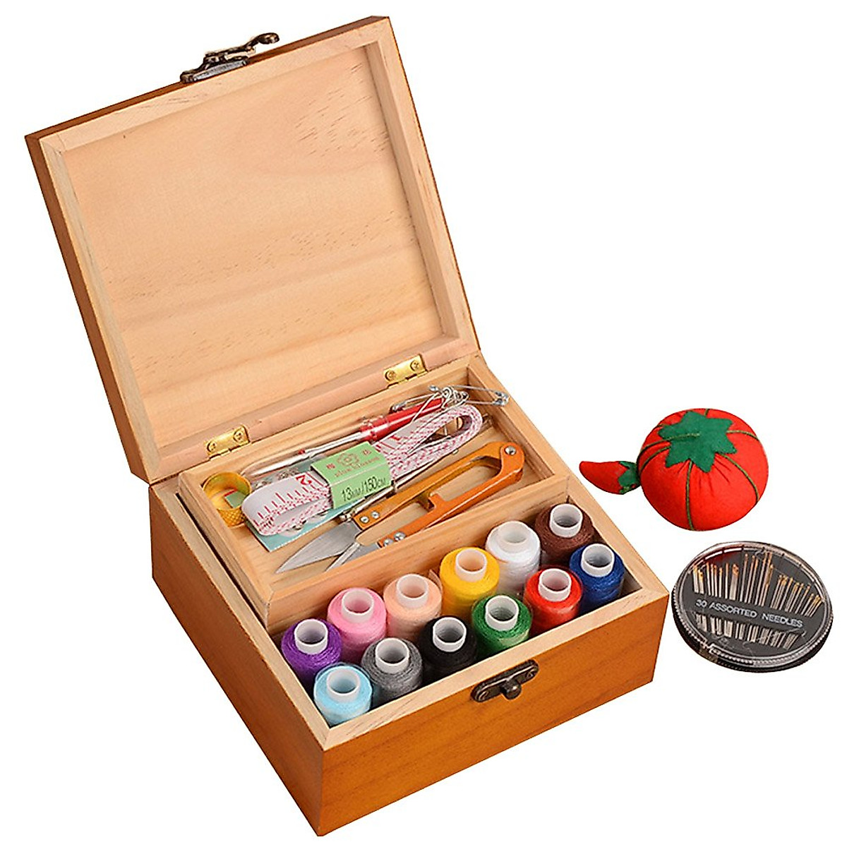 OLizee® Portable Wooden Sewing Kit Case Organizer Box Set for Home Travel, with Thread/Needles/Tape Measure/Scissors/Thimble and Other Accessories