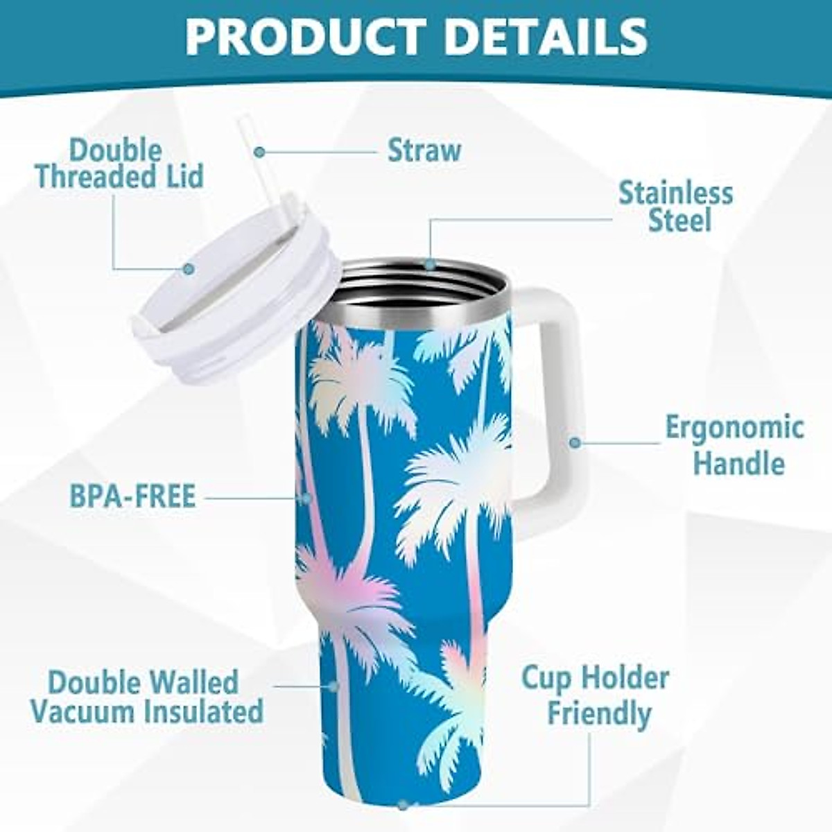 DIGTIA Stainless Steel Insulated Tumbler w/Handle & Straw, Palm Trees Colorful Double Wall Vacuum Travel Coffee Mug Cup w/Lid, Leak-Proof Sports Summer Water Bottle,30oz