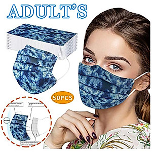 50PC Tie Dye Disposable Face_Masks for Adult Women Men Printed Design 3 Ply Breathable Full Protection Light Weight Fashion (Blue Tie Dye, 50PC)