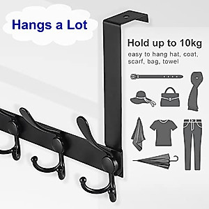 WHITGO Over The Door Hooks, Door Hanger with 5 Metal Hooks & Long Hanging Hooks, Stainless Steel Door Hooks for Hanging Coat, Towel, Hat (Black)