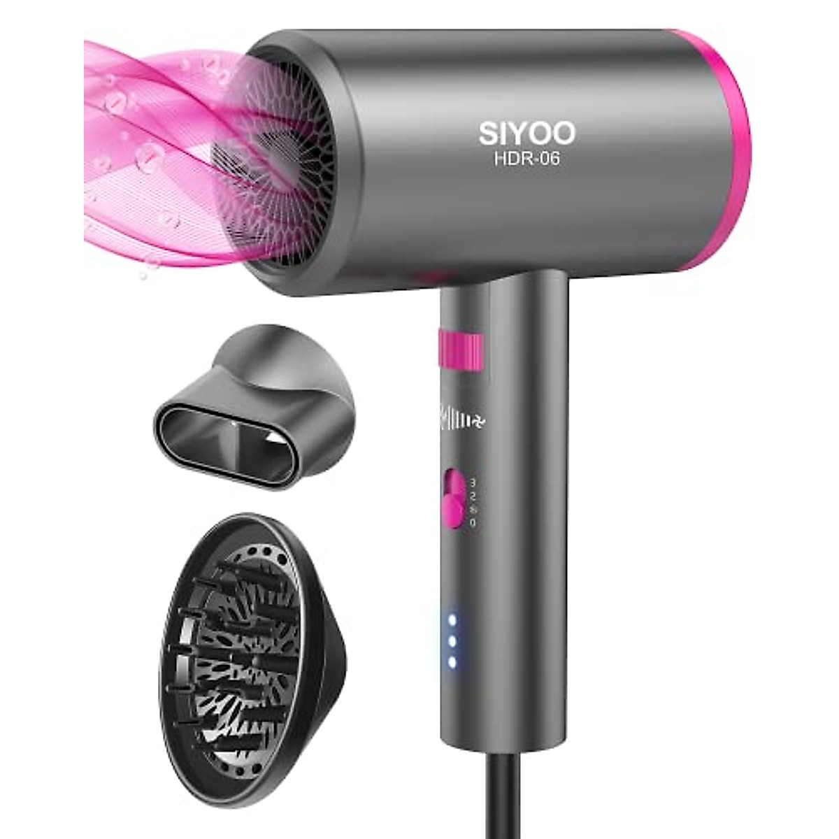 SIYOO Hair Dryer with Diffuser, 1600W Ionic Blow Dryer, Constant Temperature Hair Care Without Hair Damage, Lightweight Portable Travel Hairdryer