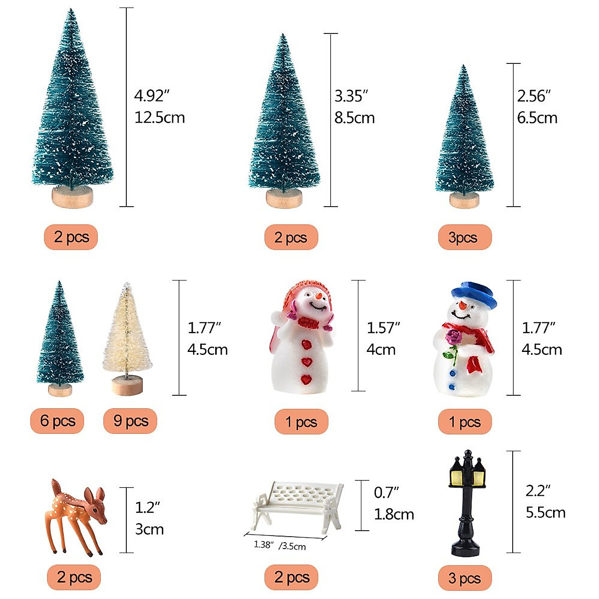 KUUQA Mini Christmas Trees Bottle Brush Trees with Snowmen Reindeer, 31Pcs Christmas Village Sets Village Accessories Ornaments for Christmas Decorations Indoor Village Display Platforms Winter Decor