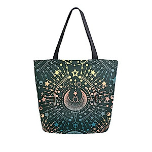 ALAZA Moon & Star Alchemy Magical Large Canvas Tote Bag Shopping Shoulder Handbag with Small Zippered Pocket