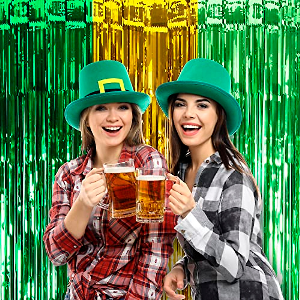 LOLStar St. Patrick's Day Foil Fringe Curtain St Patrick's Day Party Decorations, 3.3 x 6.6 ft Green Gold and Light Green Tinsel Photo Booth Prop, Streamer Backdrop for Irish Themed Decoration