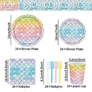 120PCS Mermaid Party Tableware Set Mermaid Birthday Party Supplies Mermaid Plates and Napkins Cups Forks Mermaid Party Decorations for Birthday Bridal Shower Baby Shower Decorations Serve 24