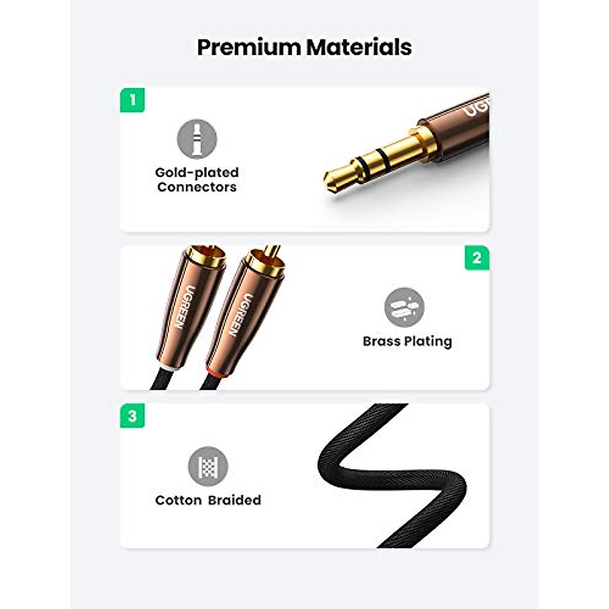 UGREEN 3.5mm to 2 Male RCA Cable Stereo Audio Adapter Braided Hi-Fi Sound Auxiliary RCA Y Splitter, Metal Shell Shielded Aux RCA Y Cord Compatible with Smartphone MP3 Tablet Speaker, 6FT