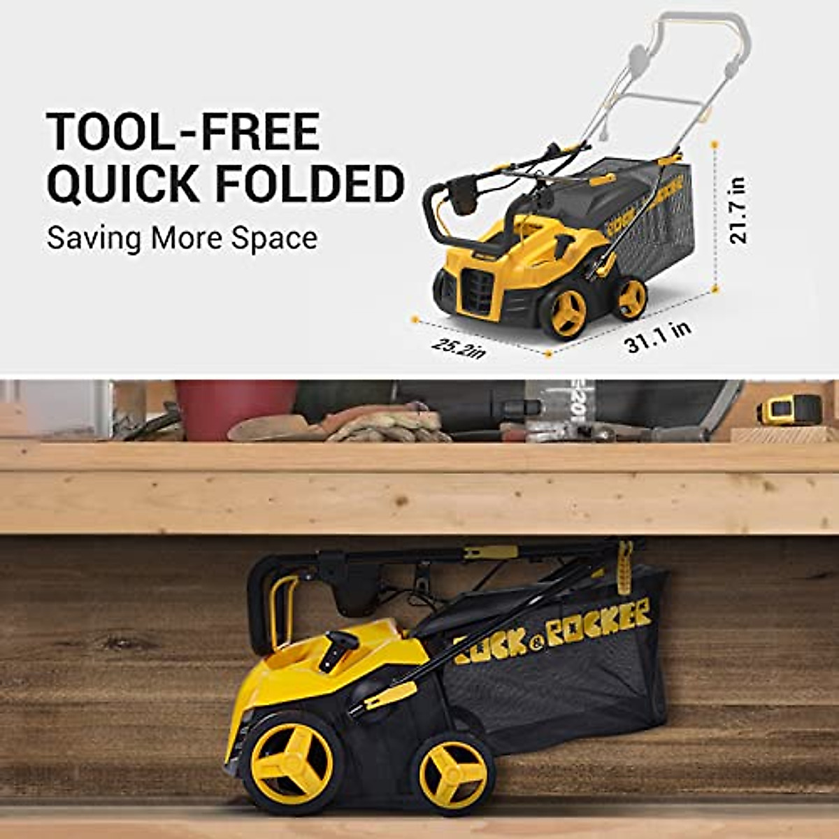 Rock&Rocker 2-in-1 16INCH Dethatcher Scarifier, 15 Amp Electric Lawn Dethatcher, 5 Working Depth Adjust, 48.4QT Removable Collection Bag, for Lawn Health, Yellow (REDM16A)
