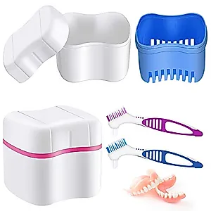 2 Denture Bath Cases Denture Cups with 2 Denture Cleaner Brushes Denture Boxes Dentures Container with Basket Denture Holder Brush Retainer Case for Travel Retainer Cleaning (Blue, Red, Purple)