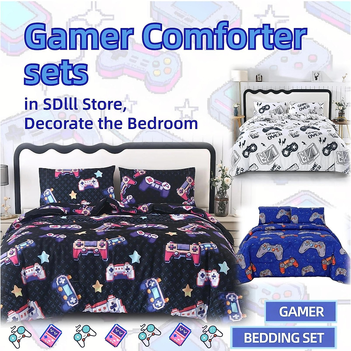 SDIII 4PCS Blue Gamer Sheets Set Full, Bed in a Bag Gaming Bedding Sheet Full, Wrinkle and Fade Resistant, Cute Bedding Sheets for Kids, Boys and Girls, Full