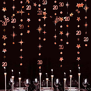 Rose Gold 20th Birthday Decorations Number 20 Circle Dot Star Garland Metallic Hanging Streamer Bunting Banner Backdrop for Women Mens Twenty Year Old Birthday Happy 20th Anniversary Party Supplies