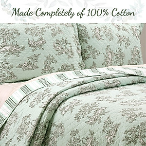 Cozy Line Home Fashions Vintage Cottage Garden Toile Mint Green 100% Cotton Reversible Girl Quilt Bedding Set, Coverlet, Bedspread (Garden Toile, King - 3 Piece)