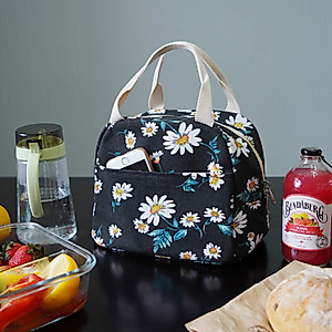 EurCross Women's Lunch Bags for Work with Chic Floral Daisy Pattern,Canvas Stylish and Insulated Black Lunch Tote Bento box Bag Carrier of On-the-Go Storage