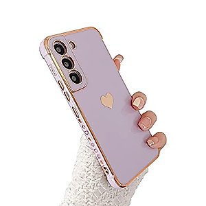 phylla Compatible with Samsung Galaxy S21 FE 6.4” 5g Phone Case Luxury Plating Cute Love Heart Side Small Pattern Case Full Camera Protection Soft Silicone Shockproof Bumper Cover (Purple)