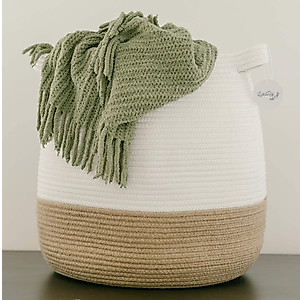 Large Blanket Basket for Living Room - Decorative Woven Baskets for Storage, Cotton Rope Baskets for Storage 16”x18”, Round Basket, Tall Laundry Hamper Basket, LuxiLily Baskets