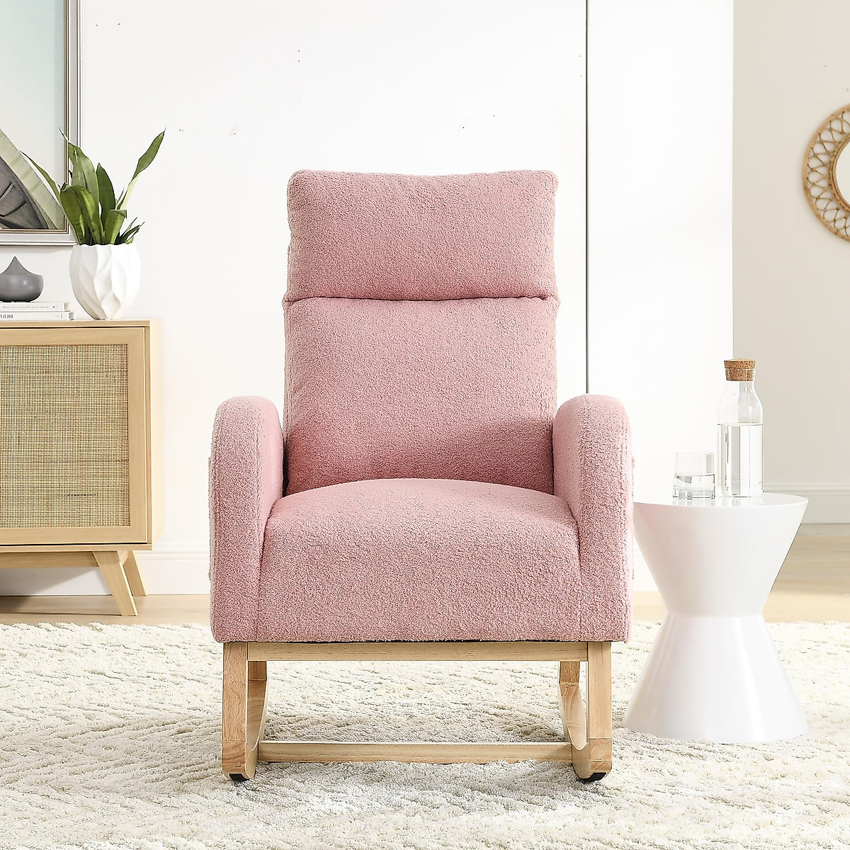 Dolonm Rocking Chair Modern Glider Chair for Baby Nursery Upholstered Rocker High Back Accent Armchair for Living Room, Bedroom, Office, Pink-Teddy