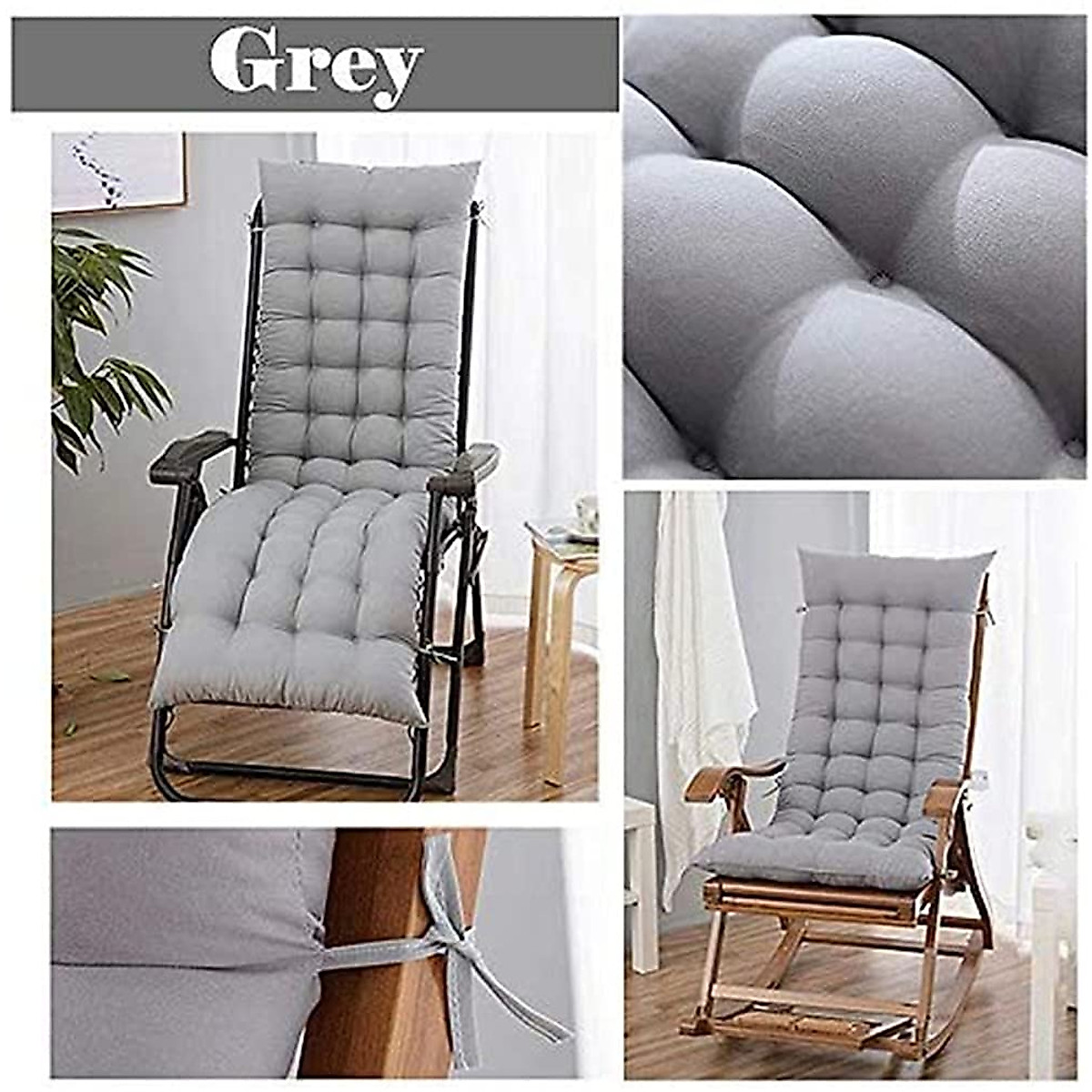 Moonase 61inch Sun Lounger Chair Cushions, Sundlight Patio Cushions Chaise Outdoor Mattress Recliner Quilted Thick Padded Seat Cushion Reclining Chair Rocking with Ties (Grey)