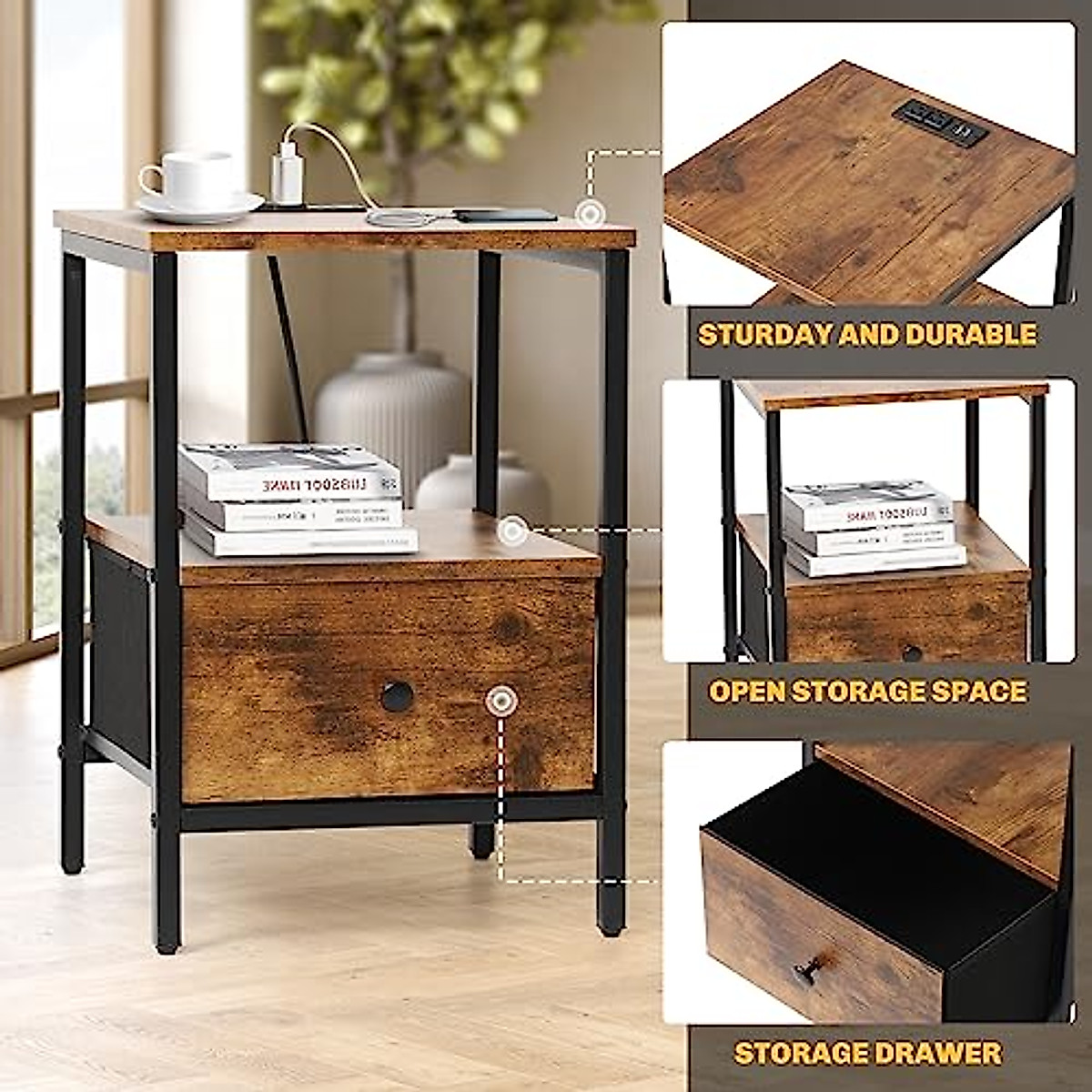 GORZING Nightstand with Charging Station, Small End Table, Narrow Side Table with Drawer, Rustic Bedside Tables for Bedroom, Living Room, Brown