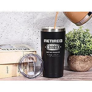 Triwol 2023 Retirement Gifts for Men and Women, Funny Retired 2023 Not My Problem Any More Tumbler Gift 20 oz Black, Retiring Present Ideas for Office Coworkers, Boss, Teacher, Doctor, Husband, Dad