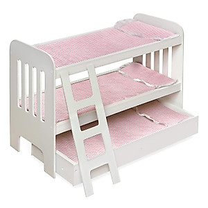 Badger Basket Toy Doll Bunk Bed with Trundle, Ladder, and Personalization Kit for 22 inch Dolls - White/Pink