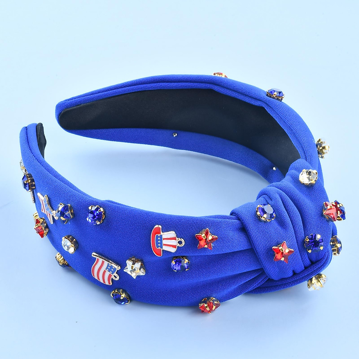 ABONDEVER Patriotic Rhinestone Knotted Headband Headbands for Women Crystal Wide American Flag Top Knot Headband 4th of July Independence Day Hair Accessories Holiday Gifts(Blue-Star)