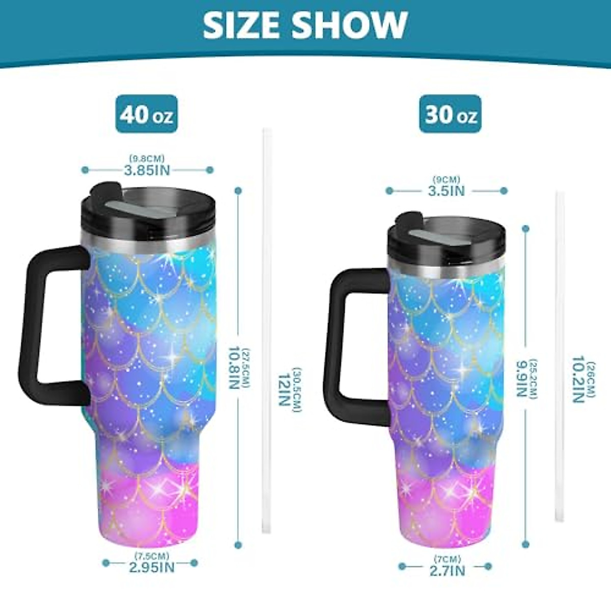 Yasala Car Tumbler with Handle Fantasy Magic Mermaid Scales Glitter Travel Mug Coffee Cup Insulated Beverage Container Mega Cup for Hot Cold Drinking Thermos Water Bottle Cupholder Friendly 40 oz