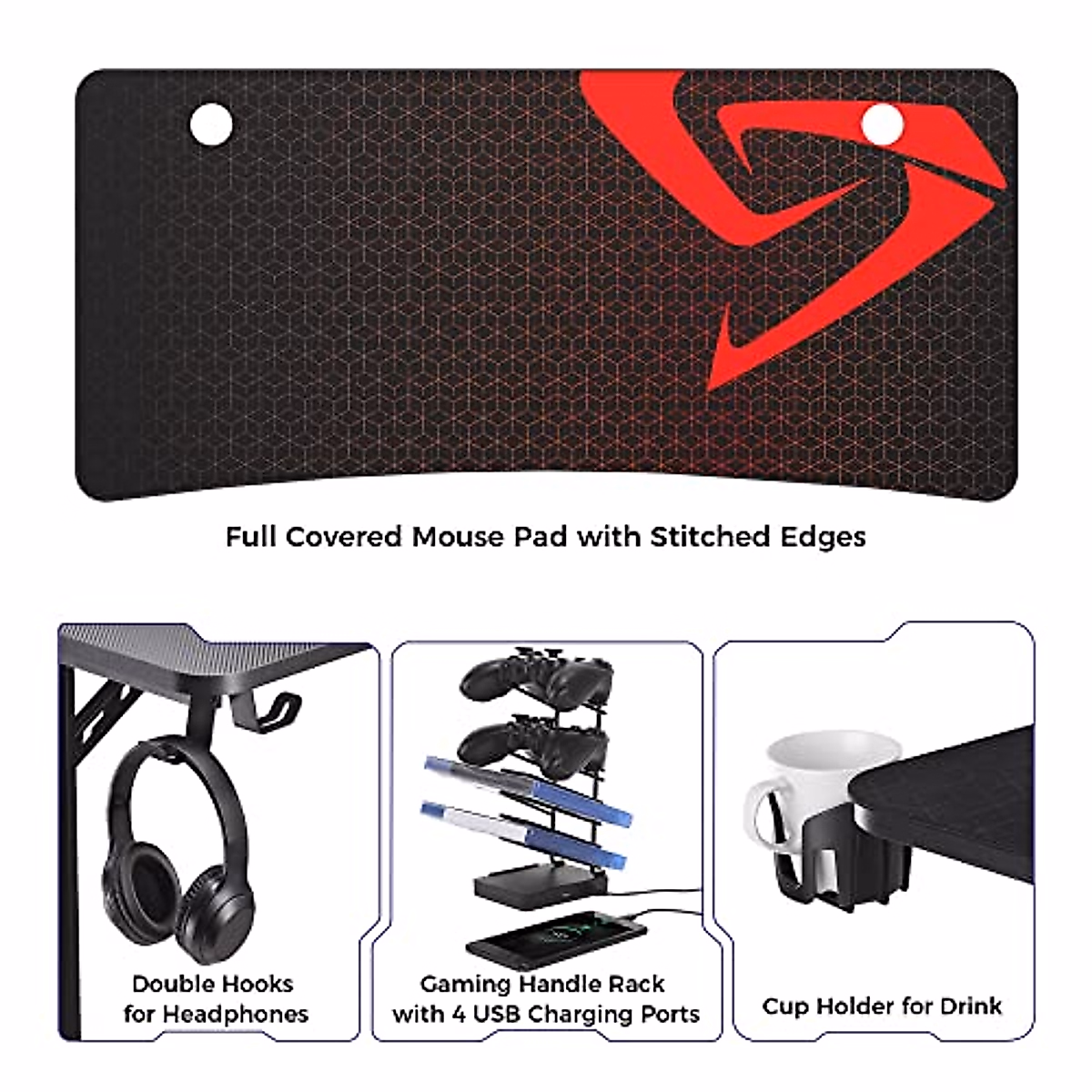 It's_Organized Gaming Desk, 60 Inch Computer Desk Carbon Fiber Surface Gamer Desk with Free Mouse pad, T-Shaped Professional Gaming Table with USB Gaming Rack, Cup Holder & Headphone Hooks, (Black)