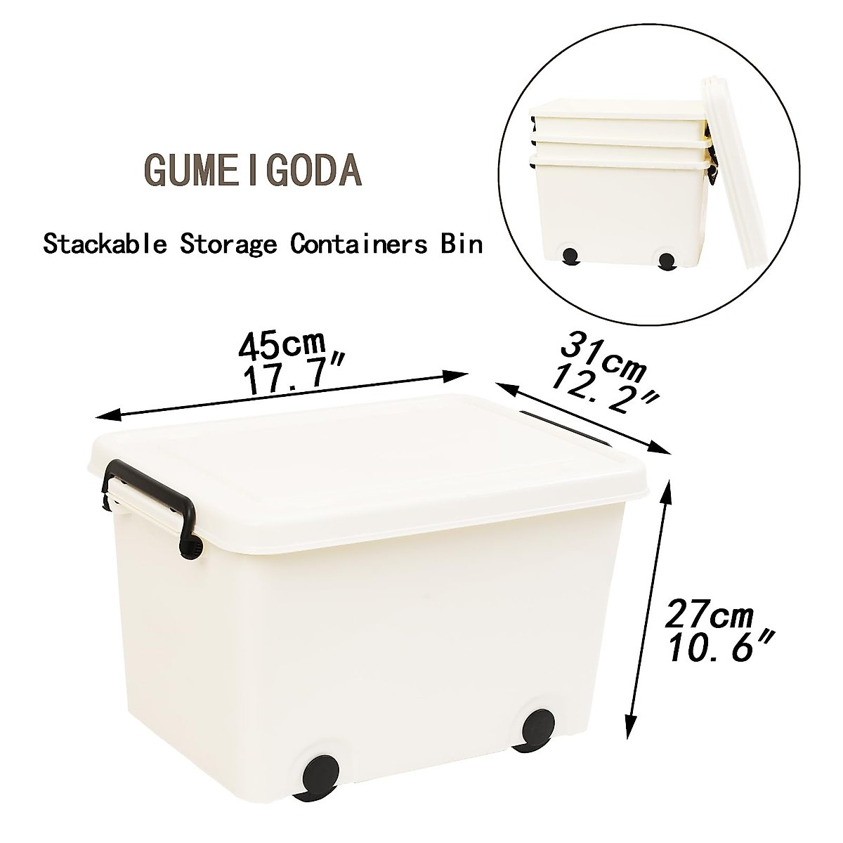 GUMEIGODA 23 Qt Latching Storage Bin,Stackable Bin with Wheels and Latching Lids，Removable Storage Containers, Clothes Bins Storage for Closet Organization,Thickened Plastic，White，3-Packs (white, 3M)
