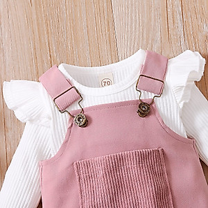 Kupretty Newborn Baby Girl Fall Clothes Ruffle Long Sleeve Ribbed Romper Corduroy Suspender Skirts Infant Overalls Dress Outfits (Pink, 0-3 Months)