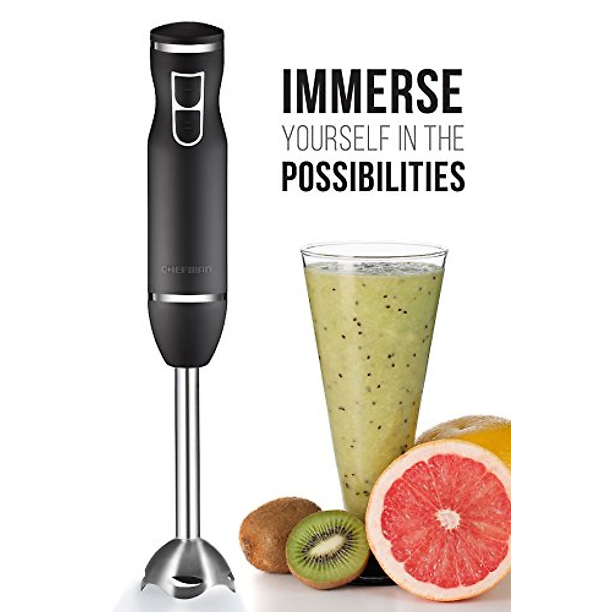 Chefman Immersion Stick Hand Blender with Stainless Steel Shaft & Blades Powerful Ice Crushing 2-Speed Control Handheld Mixer, Purees Smoothie, Sauces & Soups,300 Watts, Black