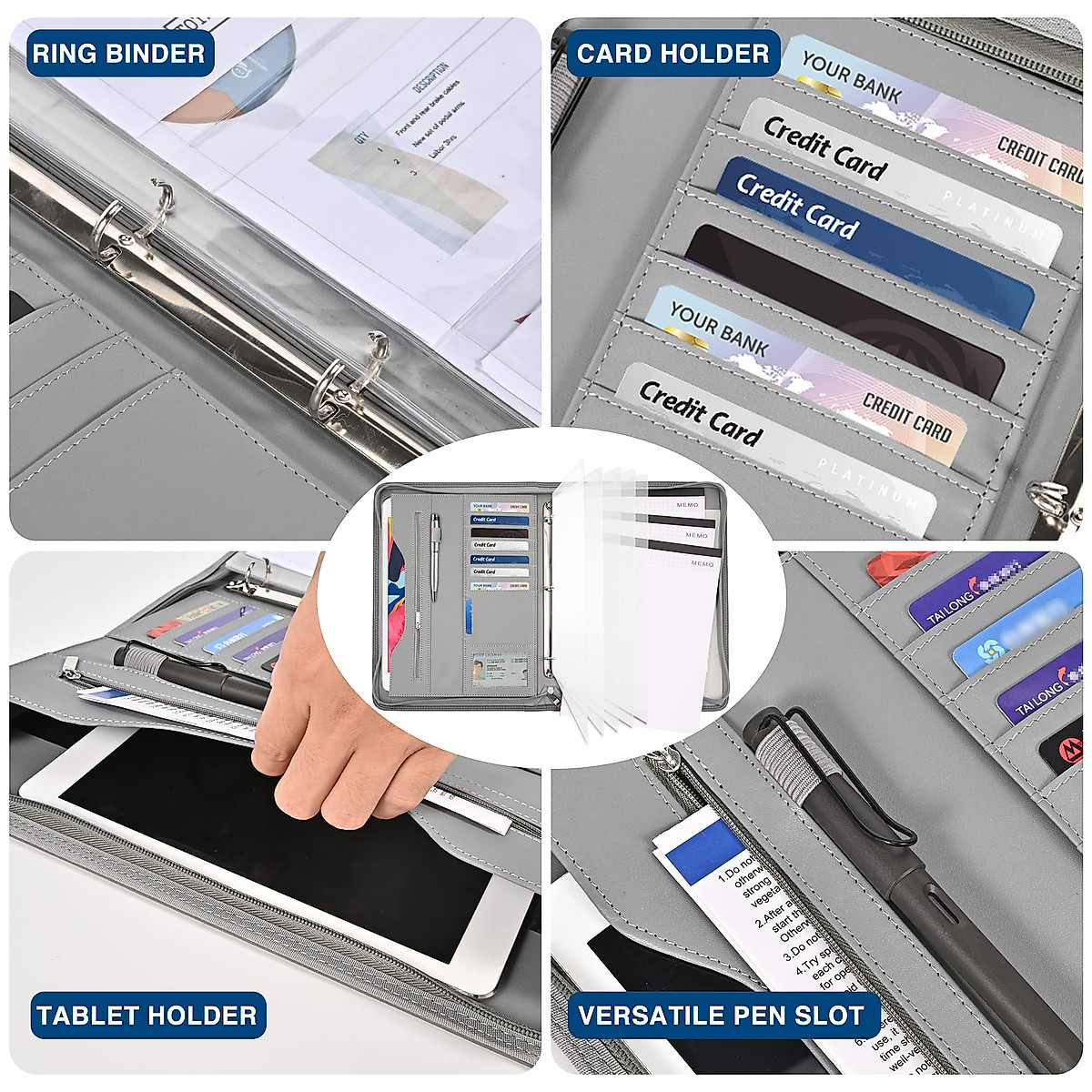 Sbrinnaliao 3-Ring Padfolio Portfolio Binder Organizer,PU Leather Folder Binder Business Planner Notebook Zippered Portfolio for Women/Men with Document Sleeve,Letter/A4 Size Clipboard