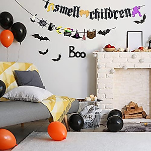 HAUTOCO I Smell Children Banner Glitter Hocus Pocus Banner Halloween Banner Party Decorations, Halloween Witch Party Supplies, Halloween Bat Spider Web Cupcake Toppers for Home Fireplace Mantel Decor