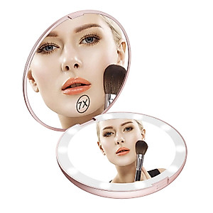 Benbilry LED Lighted Travel Makeup Mirror, 1x/7x Magnification, 5 Inch Dual Sided Vanity Mirror with Lights Portable Compact Illuminated Cosmetic Mirror – Perfect for Handbag Rose Gold