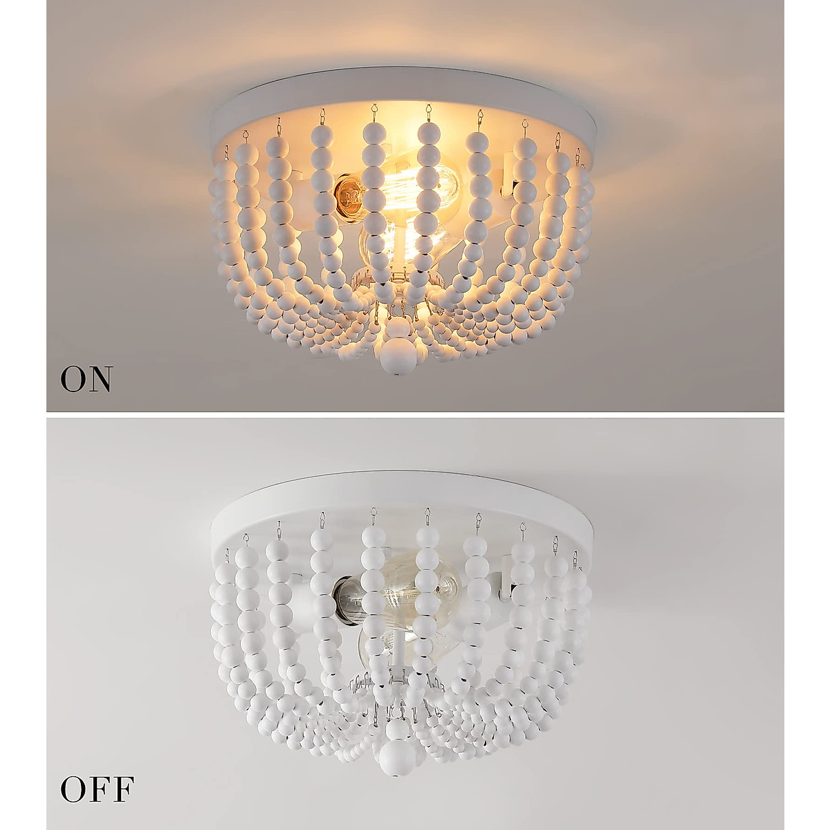 Q&S White Flush Mount Ceiling Light Fixtures,2-Lights Wood Beaded Boho Chandeliers for Nursery Baby Bedroom Dining Room Living Room Kitchen Hallway W11.81