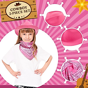 48 Pcs Western Pink Cowboy Party Hat Set with 24 Felt Hats and 24 Paisley Bandanas for Kids Costume