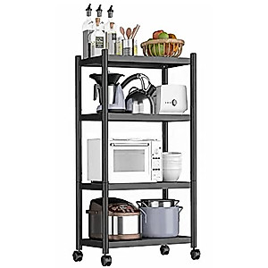 JEPRECO 4-Tier Stainless Steel Utility Shelving Unit with Wheels 23.6" L x 13.8" W x 43.5" H, Kitchen Baker's Rack Microwave Stand Cart for Kitchen Office Home, Multi-Purpose Organizer Rack (Black)