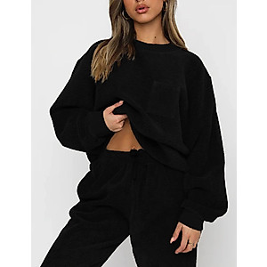 Gihuo Fall 2 Piece Sweatsuits Outfits for Women Corduroy Long Sleeve Pullover Sweatshirt and Pants Tracksuit Set(Black-S)