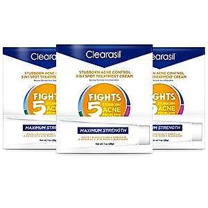 Clearasil Stubborn Acne Control 5-in-1 Spot Treatment Cream with Benzoyl Peroxide Acne Medication to Clear Acne, 1 Ounce (Pack of 3)