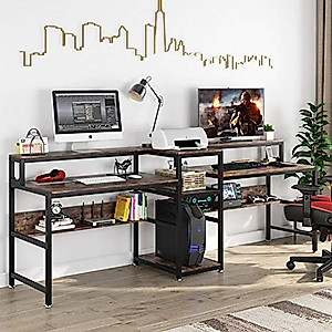 Tribesigns 94.5 inch Double Computer Desk with Storage Shelf, Extra Long Two Persons Desk with Printer Shelf, Large Office Desk Study Writing Table for Home Office (Rustic Brown)