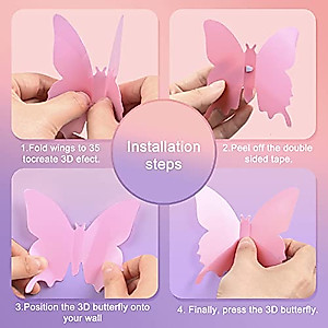 AMMON Butterfly Room Decorations 24 Pcs 3D Wall Decor Pink 3 Sizes Decal for Birthday Party Cake Mural Sticker Removable Room Wall Art Stickers for Kids Nursery Classroom Bedroom Living Room Party Wedding