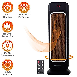 Oscillating Space Heater – Ceramic Forced Fan Heating with Stay Cool Housing - Tower with Remote Control, Digital Thermostat, Timer, Large Temperature Display and Efficient ECO Mode - by Bovado USA