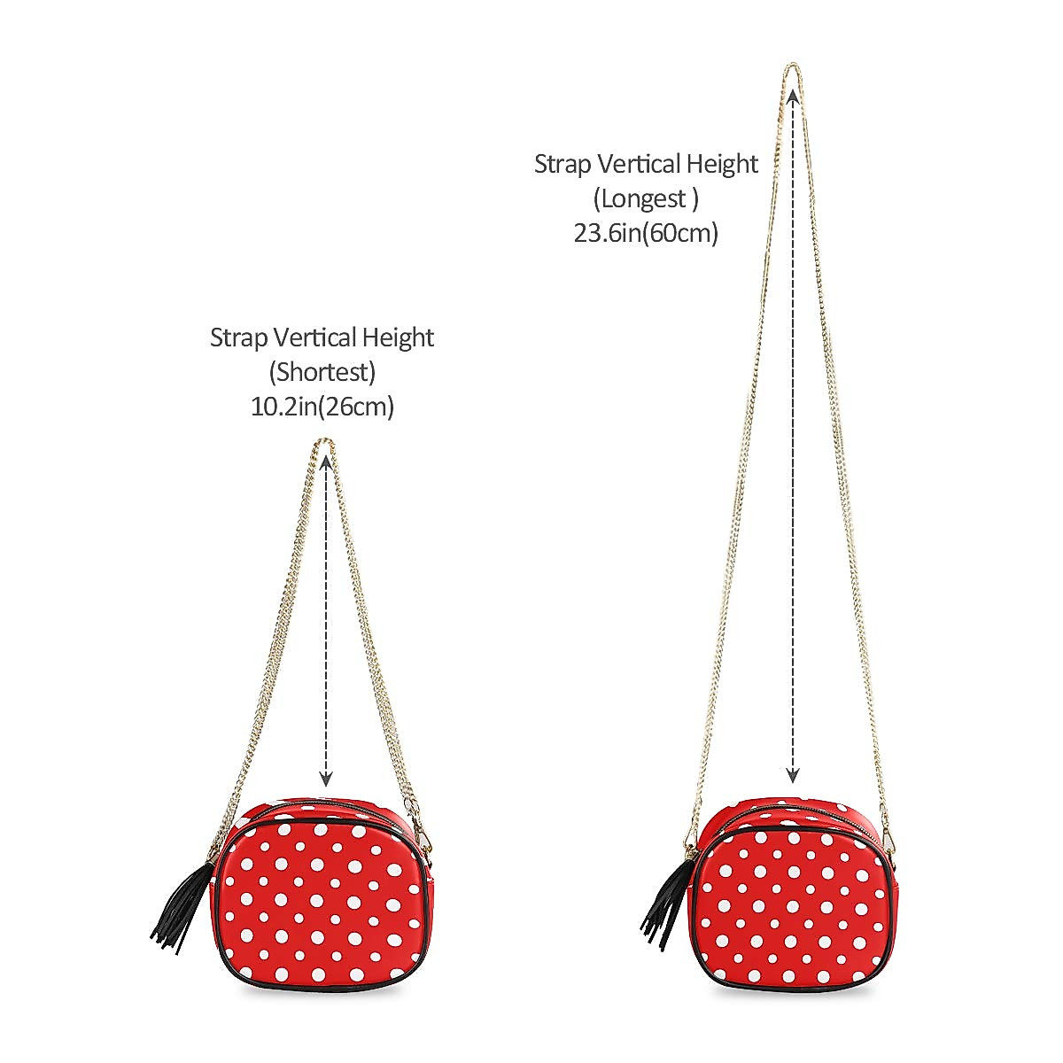 Vikko Red And White Polka Dot Small Crossbody Bag Handbag Purse PU Leather Women Shoulder Chain Bag With Metal Chain Strap And Tassel Top Zipper