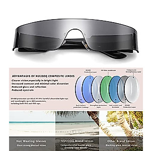 NULOOQ Y2K Rimless Futuristic Wrap Around Sunglasses Women Men, Trendy Cyberpunk Visor Sunglasses Monoblock Cyclops Shades (Black Frame/Gray Lens)
