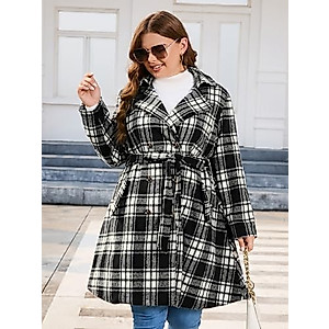Hanna Nikole Women's Long Double Breasted Trench Coat with Belt Plus Midi Length Black Plaid Overcoat 3X