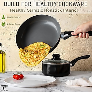 Moss & Stone 6 Piece Black Nonstick Cookware Set, Pots And Pans Set Non stick With Glass Lid, Induction Cookware, Stay Cool Handle, PTFE/PFOA, Kitchen Cookware 6-Piece with Frying Pans Set & Saucepan